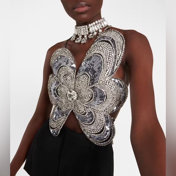 AREA | Tops | Area Nwt Mussel Crystal Embellished Flower Halterneck Top ...